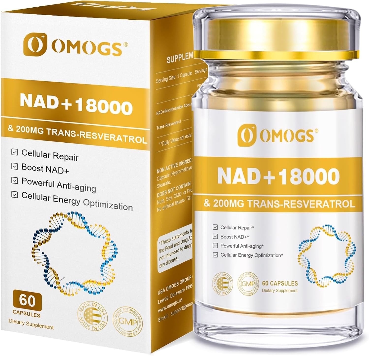 OMOGS NAD+ 300 mg + Trans-Resveratrol 200 mg, Pure NAD Supplement, Max
